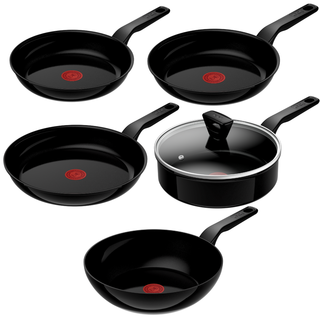Tefal Renew Black 5pc Cookware Set 20/24/28cm Frypans, 28cm Wok, 24cm